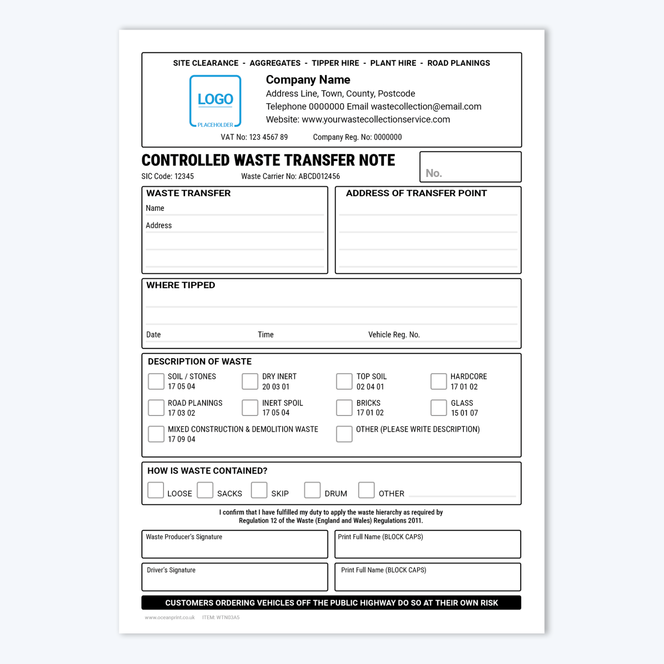 Personalised Controlled Waste Transfer Note | Oceanprint