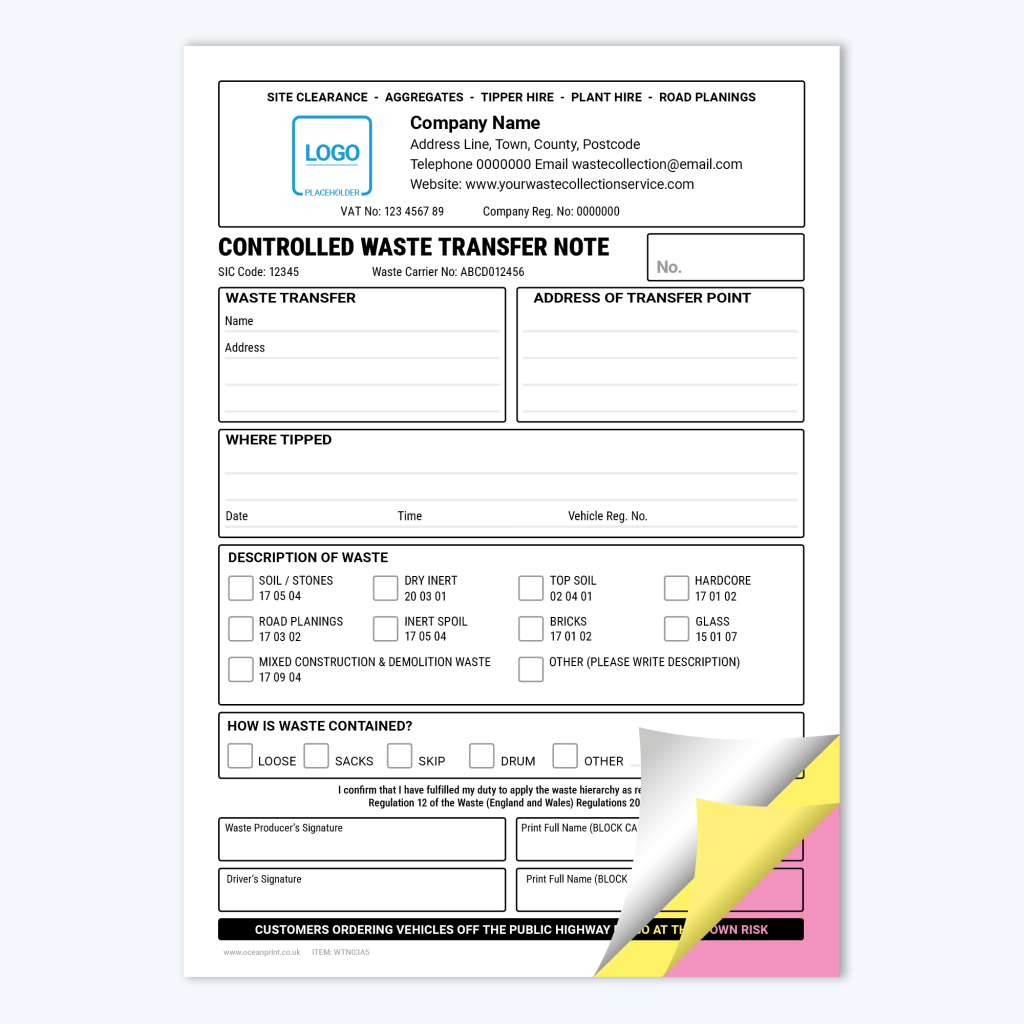 Personalised Controlled Waste Transfer Note | Oceanprint