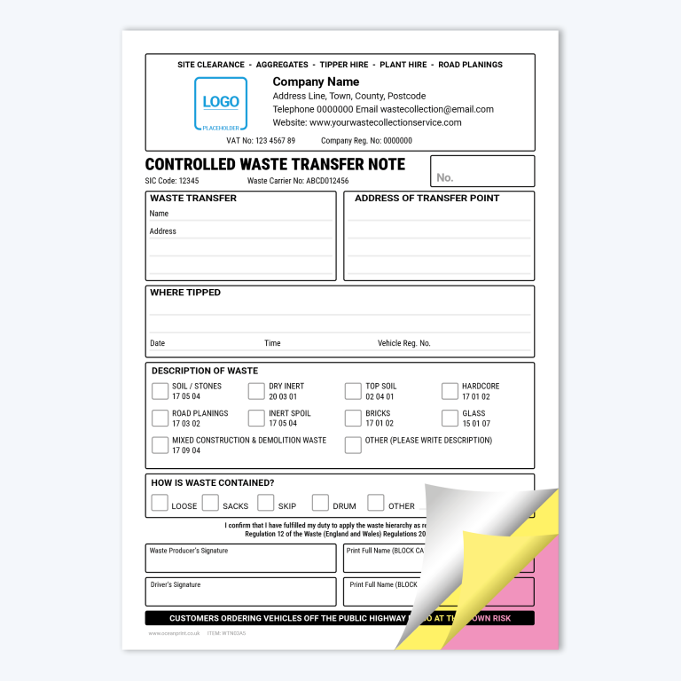 Personalised Controlled Waste Transfer Note | Oceanprint
