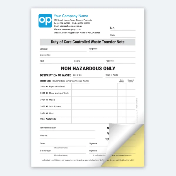 Duty of Care Controlled Waste Transfer Note | Oceanprint