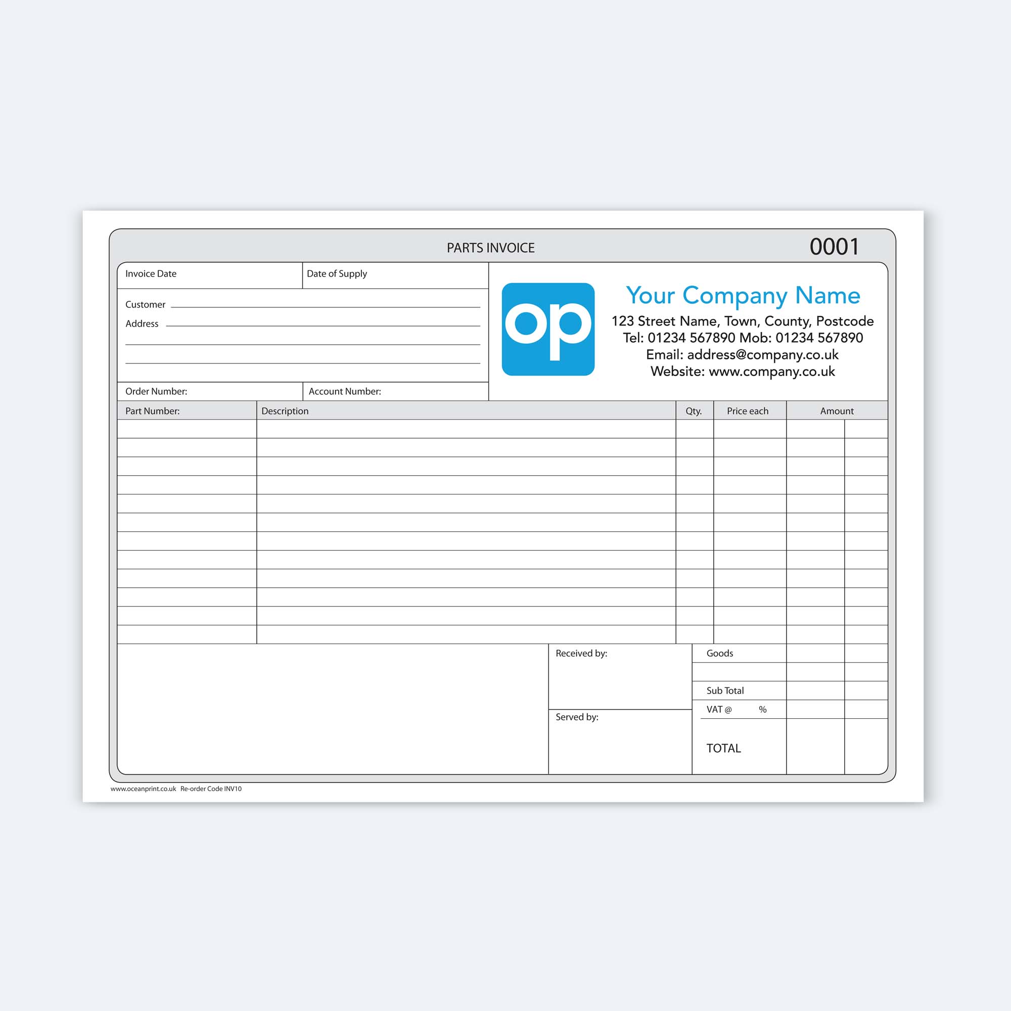 Parts Invoice INV10 Personalised with Logo | Oceanprint