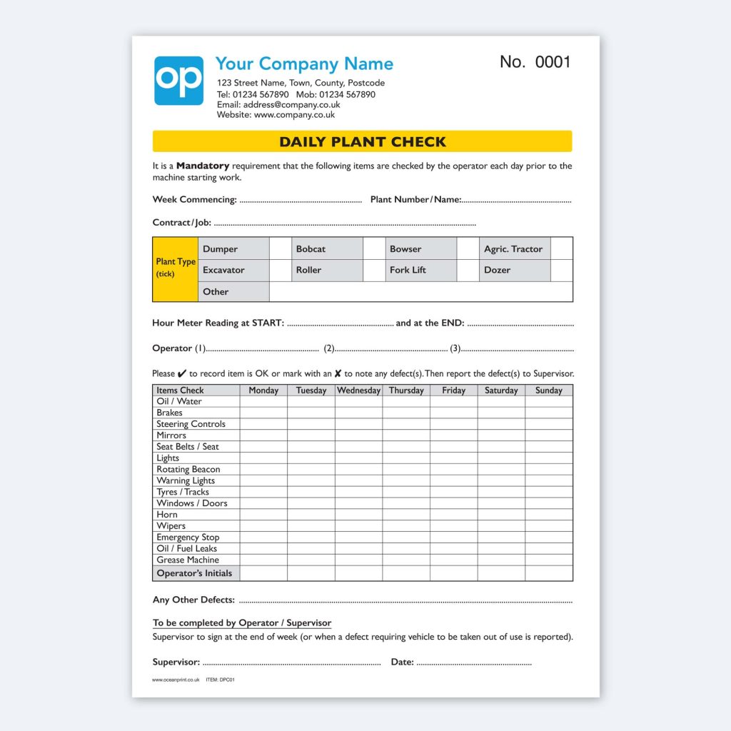 Daily Plant Inspection Checklist template | Oceanprint