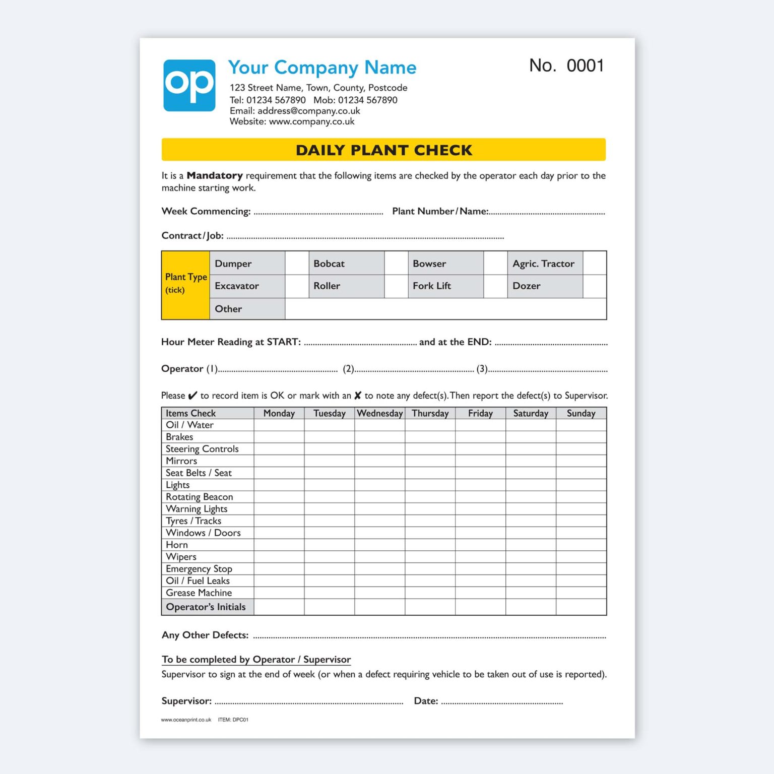 Daily Plant Inspection Checklist template | Oceanprint