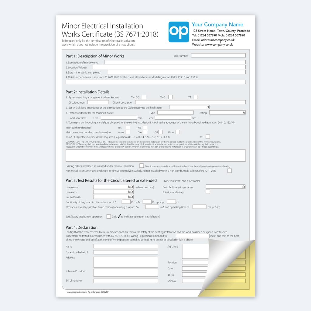 Minor Electrical Installation Works Certificate | Oceanprint