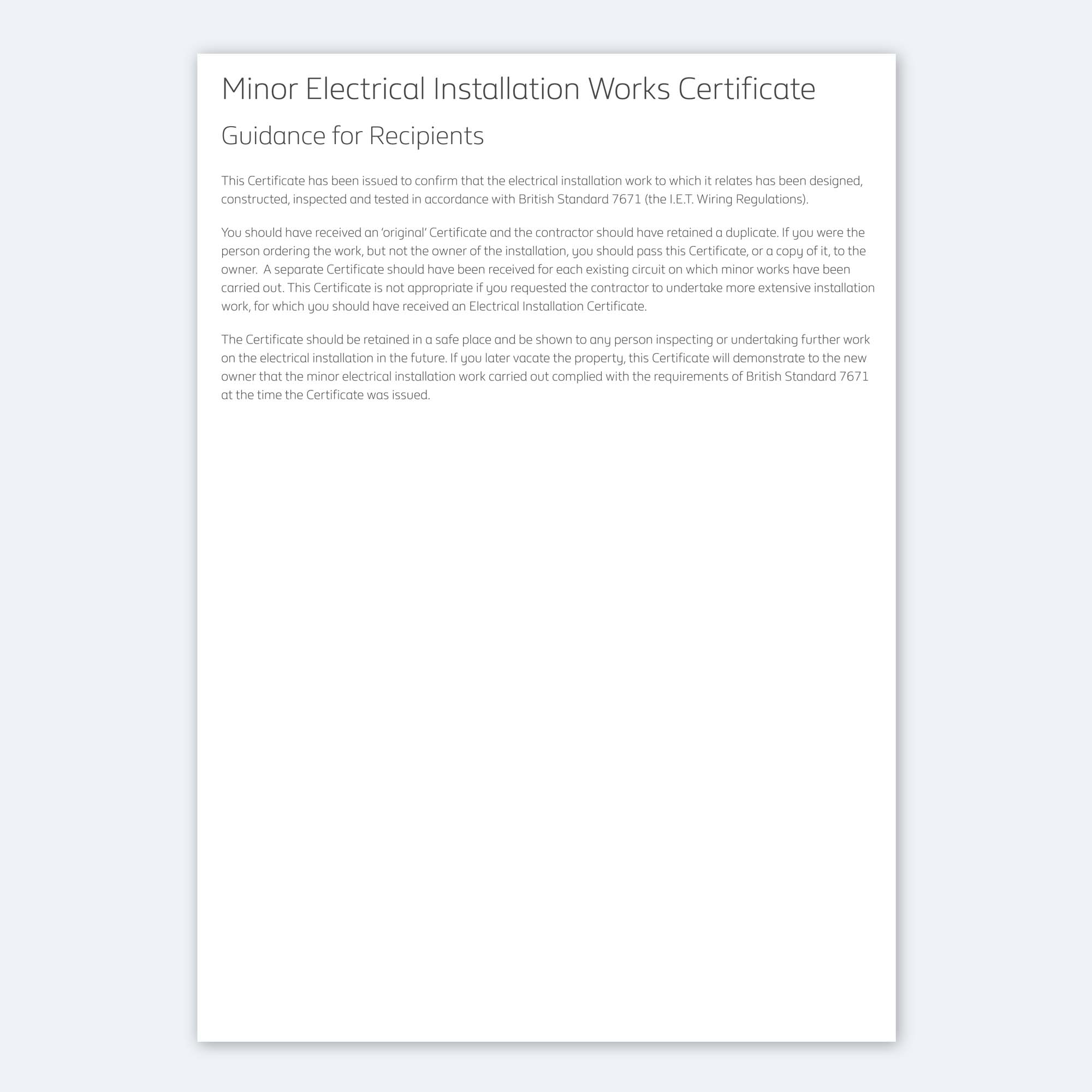 Minor Electrical Installation Works Certificate | Oceanprint