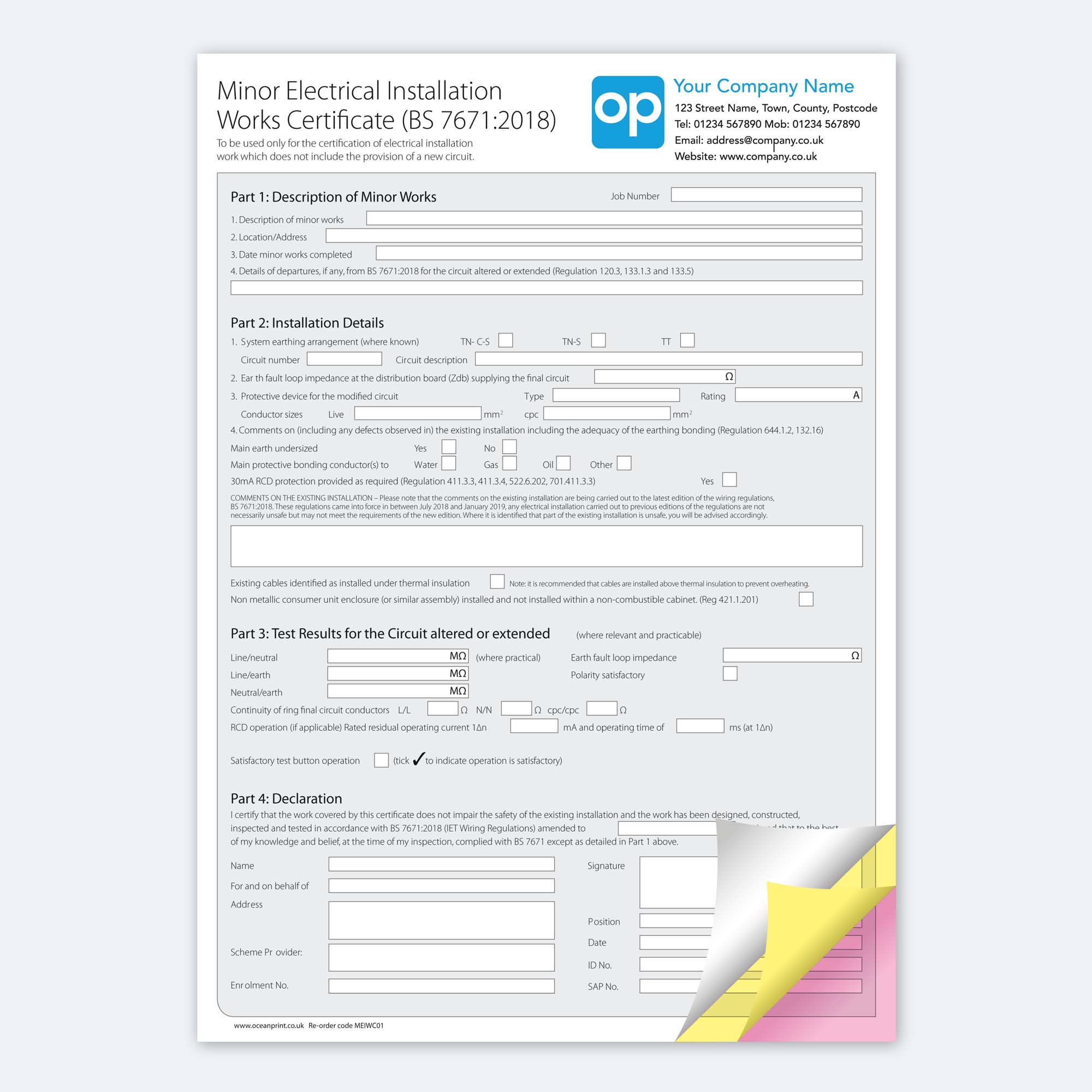 Minor Electrical Installation Works Certificate | Oceanprint