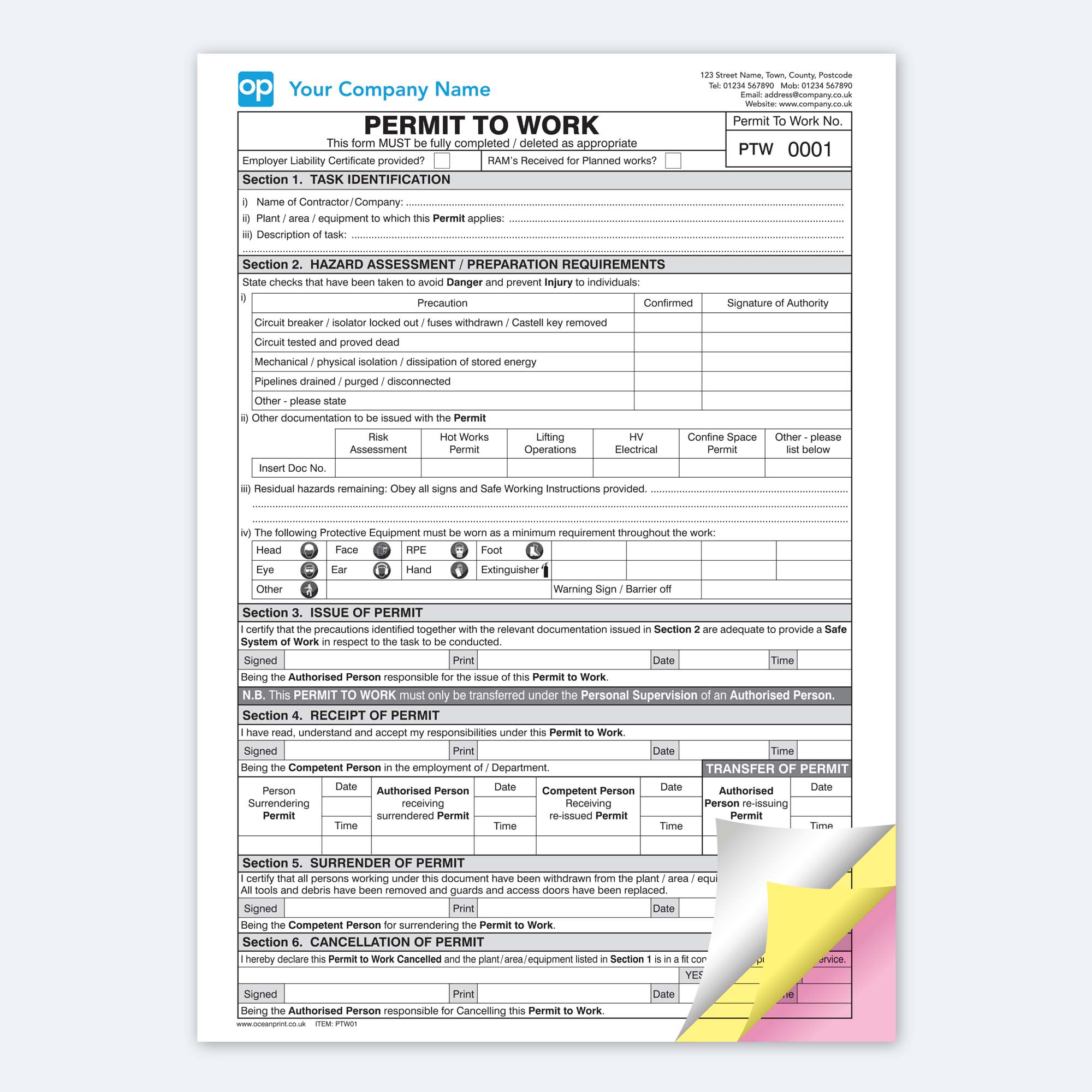Permit to Work design template and printing | Oceanprint