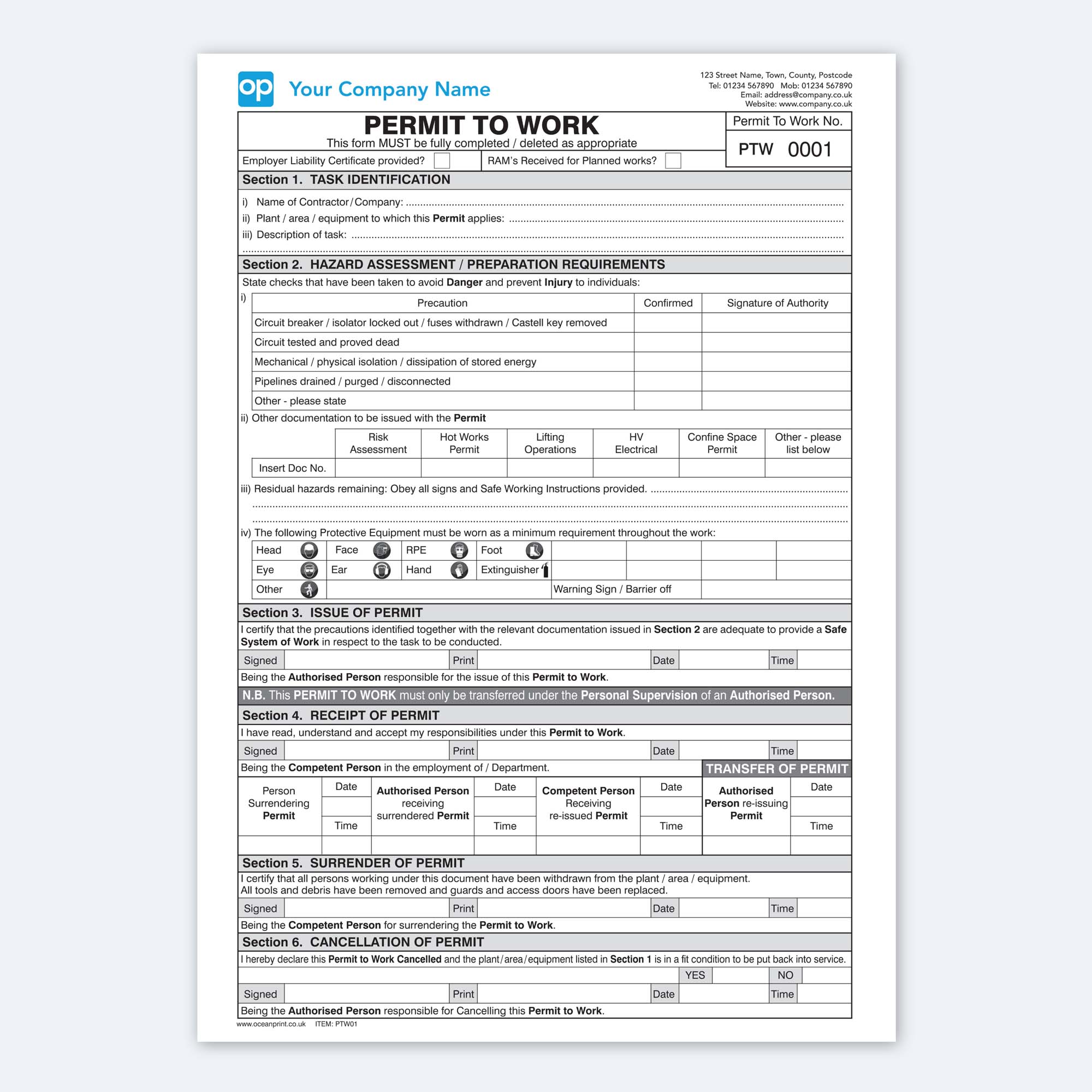 Permit to Work design template and printing | Oceanprint