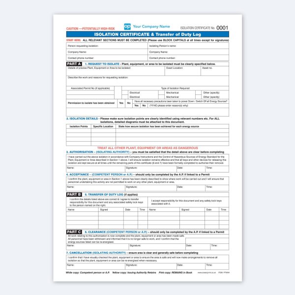 Personalised Permit to Work – Electrical Isolation Certificate | Oceanprint