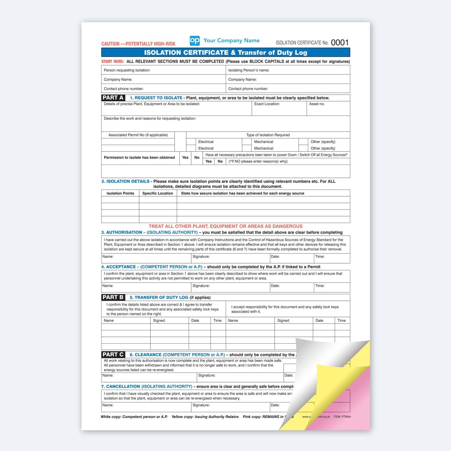 Personalised Permit to Work – Electrical Isolation Certificate | Oceanprint