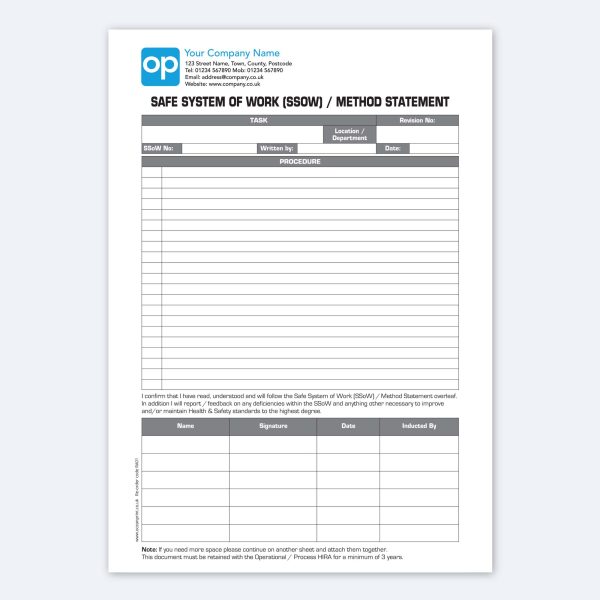 Safe System of Work (SSOW) / Method Statement (RA01) | Oceanprint