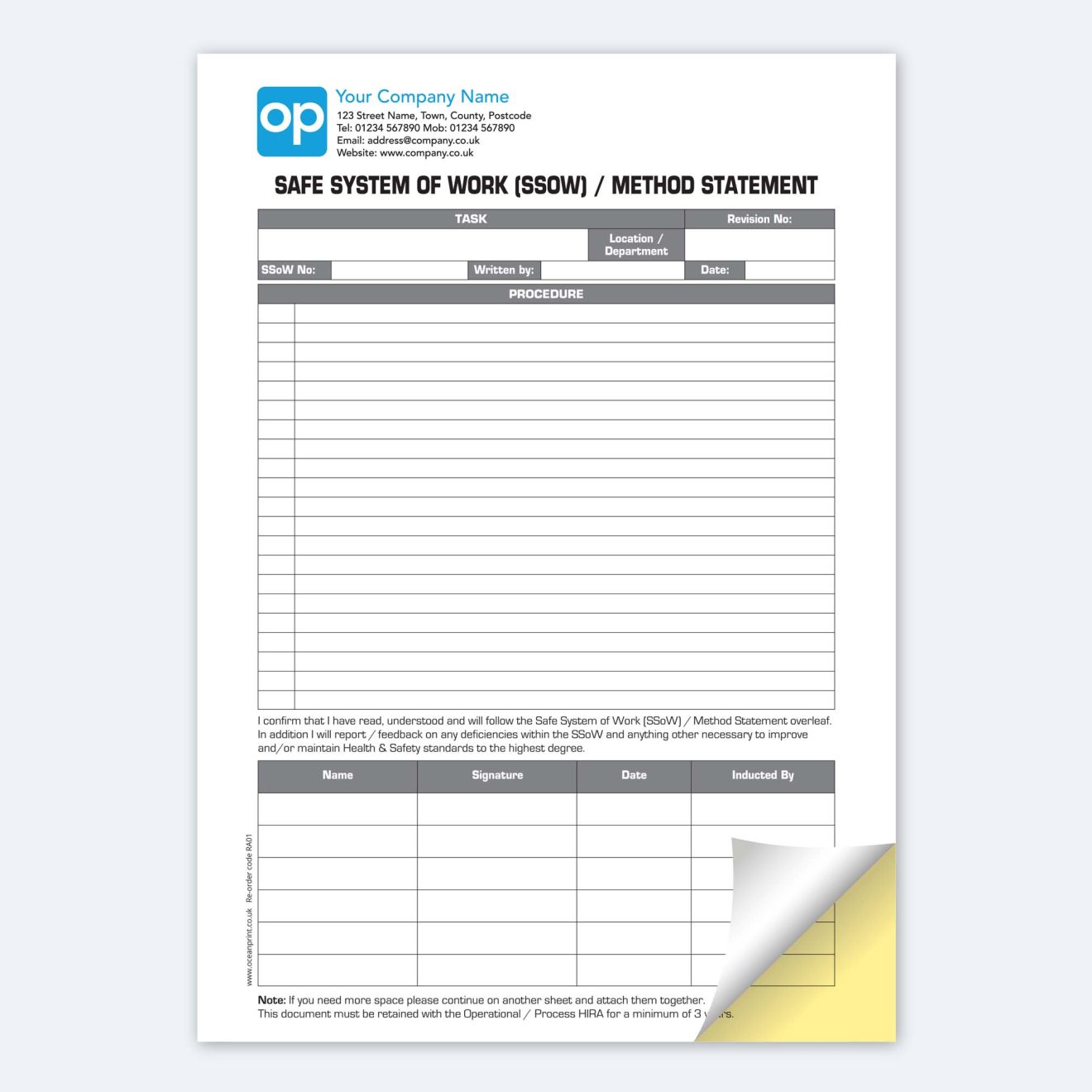 Safe System of Work (SSOW) / Method Statement (RA01) | Oceanprint