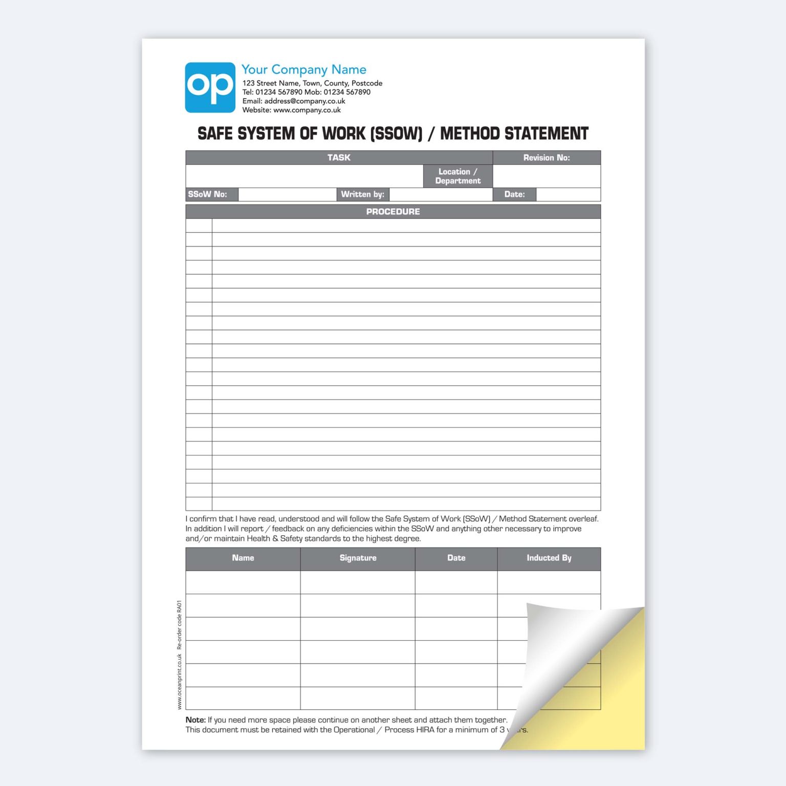 Safe System of Work (SSOW) / Method Statement (RA01) | Oceanprint
