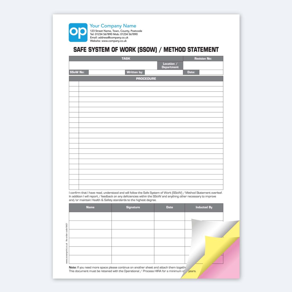 Safe System of Work (SSOW) / Method Statement (RA01) | Oceanprint