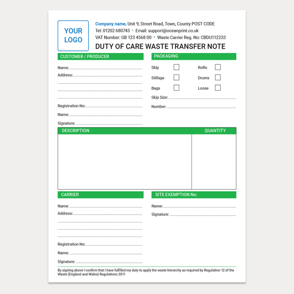 Personalised Controlled Waste Transfer Note | Oceanprint