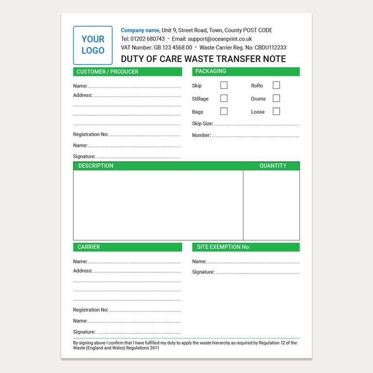 Personalised Controlled Waste Transfer Note | Oceanprint
